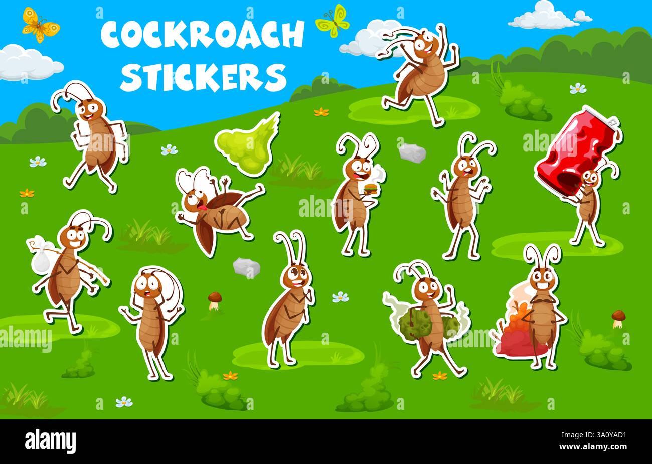 Stickers pack of cartoon cockroach characters. Funny pest insects ...