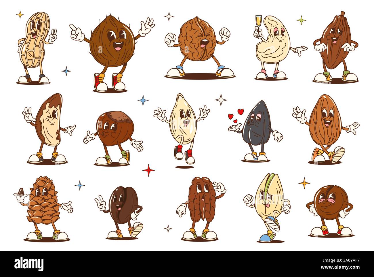 Cartoon nut groovy characters, seed and bean food vector personages ...