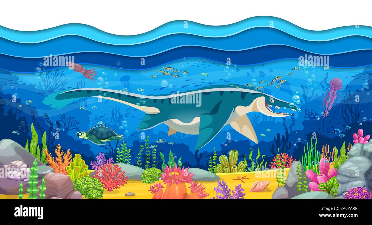 Cartoon prehistoric underwater dinosaur characters banner with reptiles ...