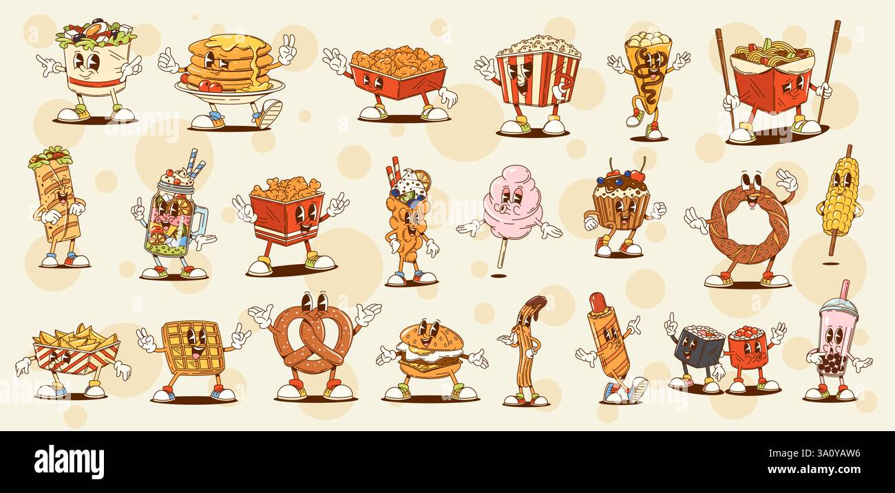 Cartoon groovy fast food characters of retro cute burgers, pastry ...
