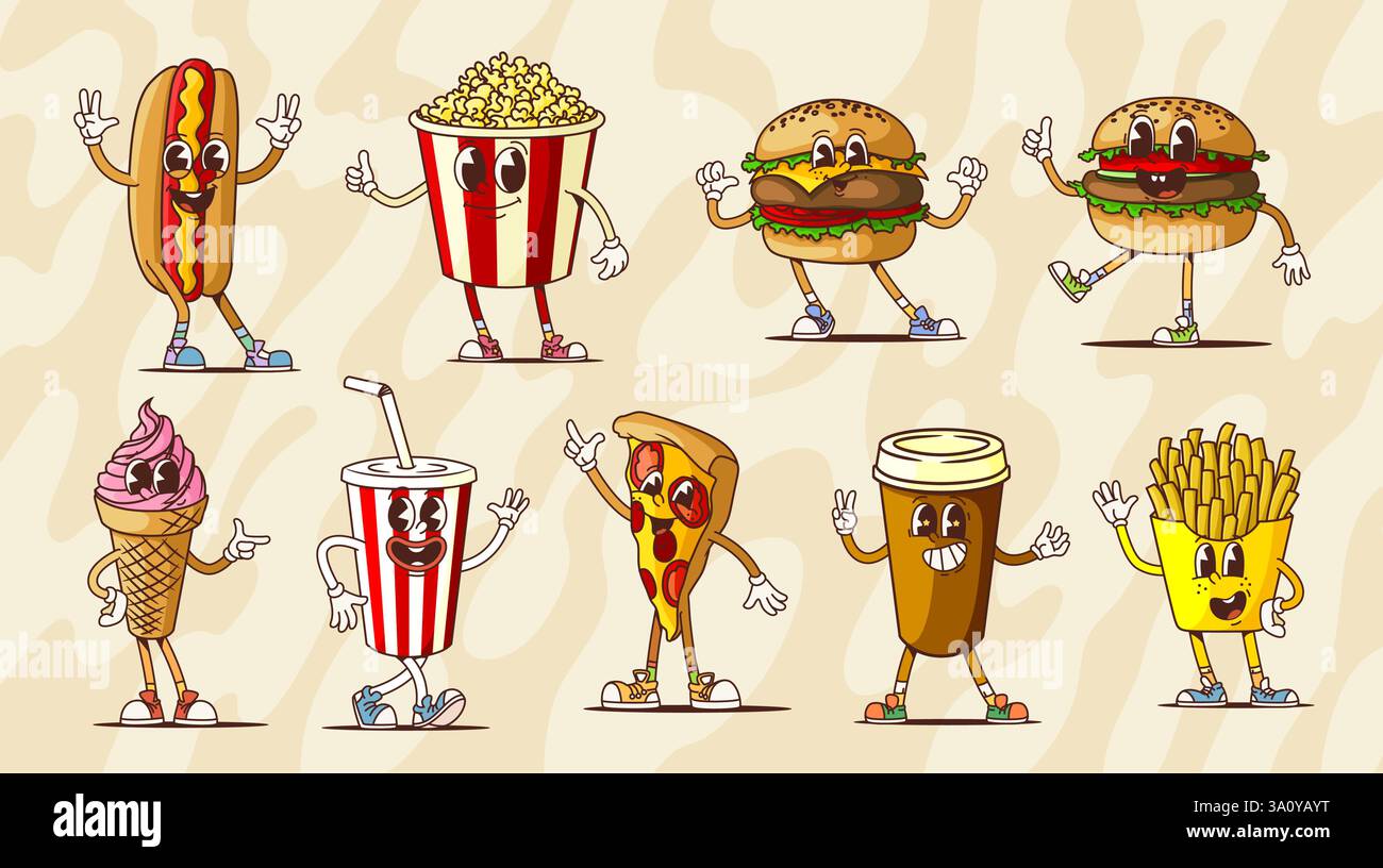 Retro groovy fast food cartoon characters with funny faces, vector ...