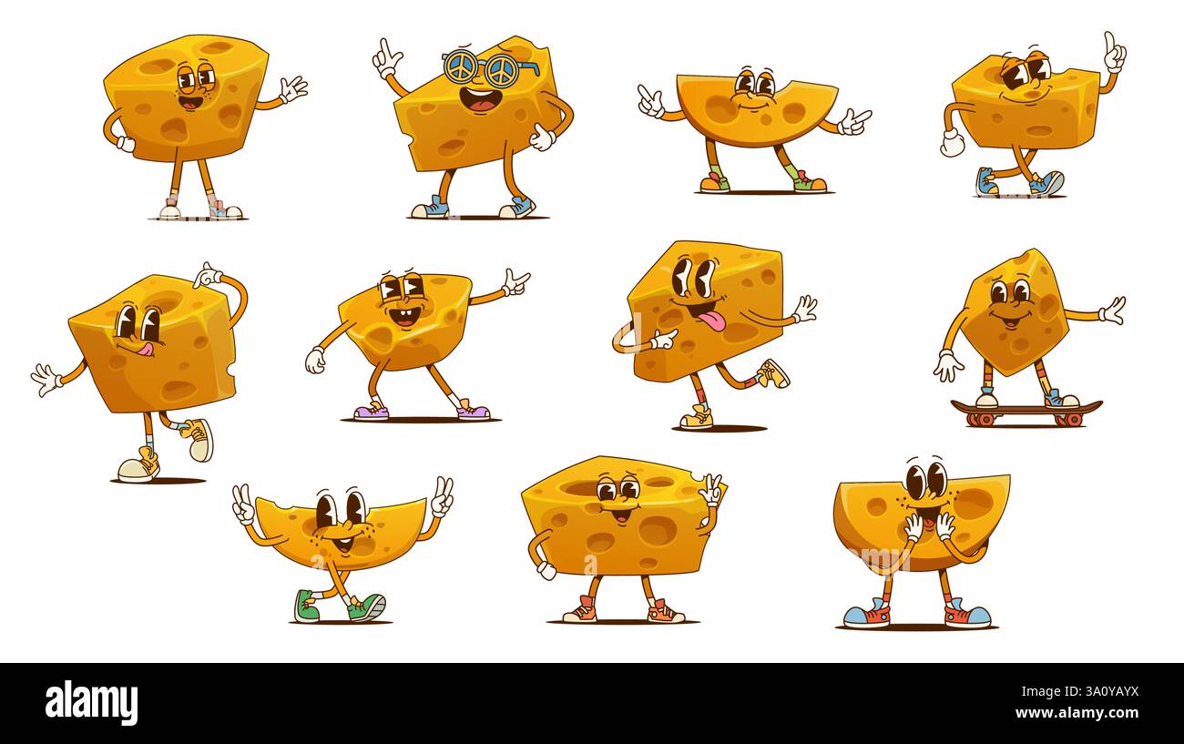 Funny groovy cheese characters showcasing lively funky poses and quirky ...