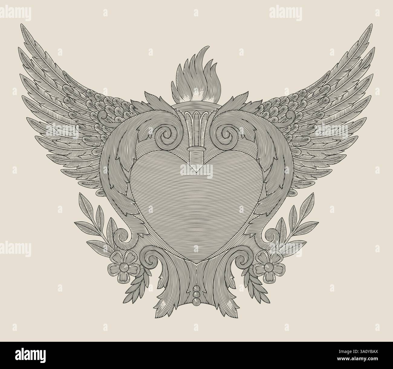 Heart, torch with wings and floral ornament. Vintage engraving drawing ...