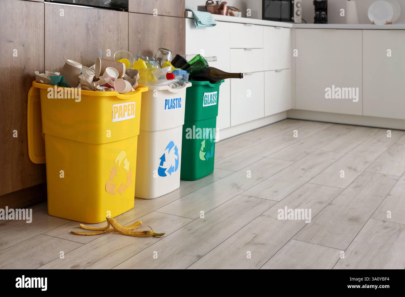 Full trash bins with different types of garbage in kitchen. Recycling ...