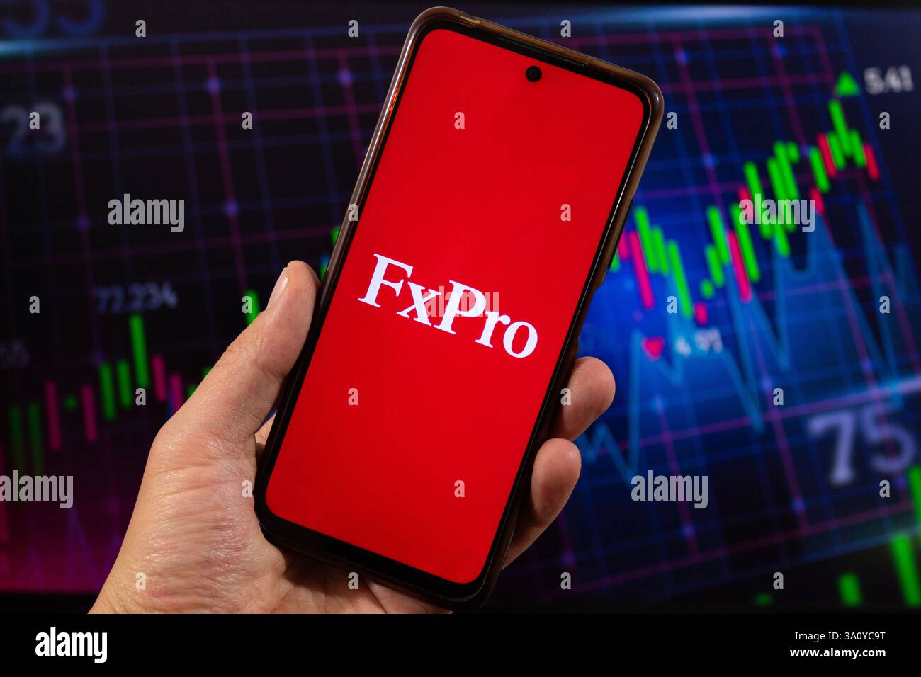 BOGOTA, COLOMBIA - MARCH 05 OF 2025 close up to a male hand holding a smartphone with fxpro logo ...