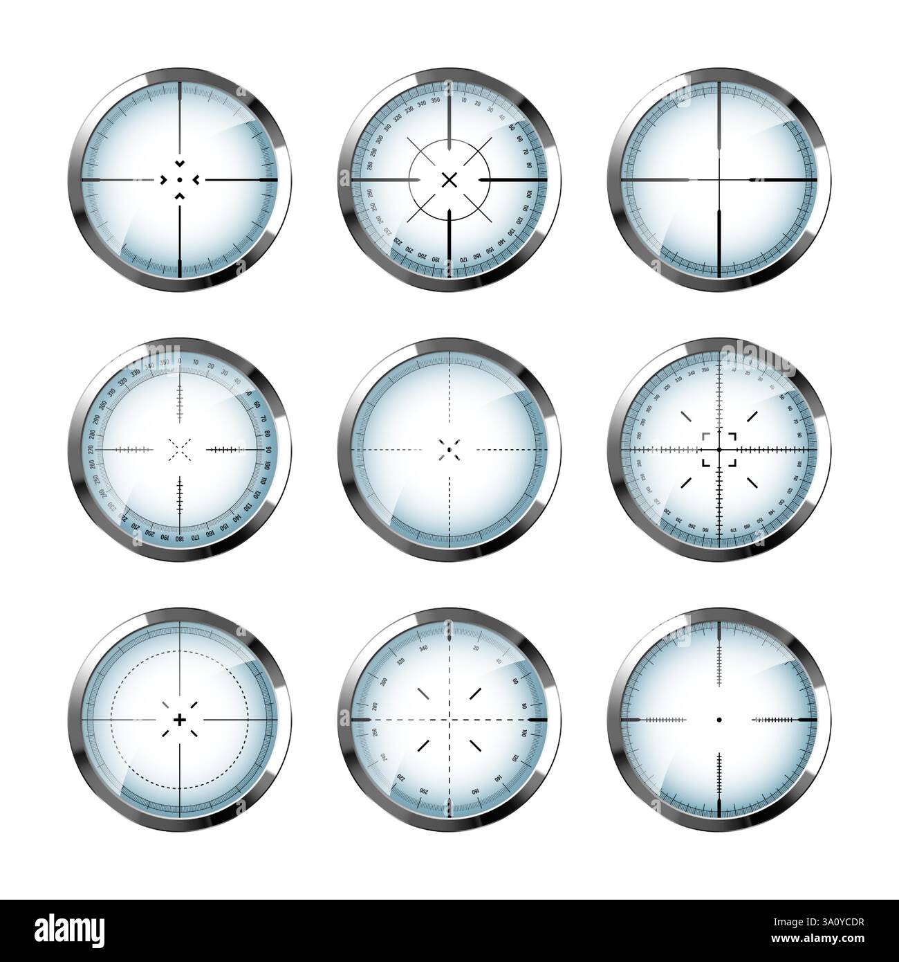 Chrome weapon sights, sniper rifle optical scopes. Hunting gun ...
