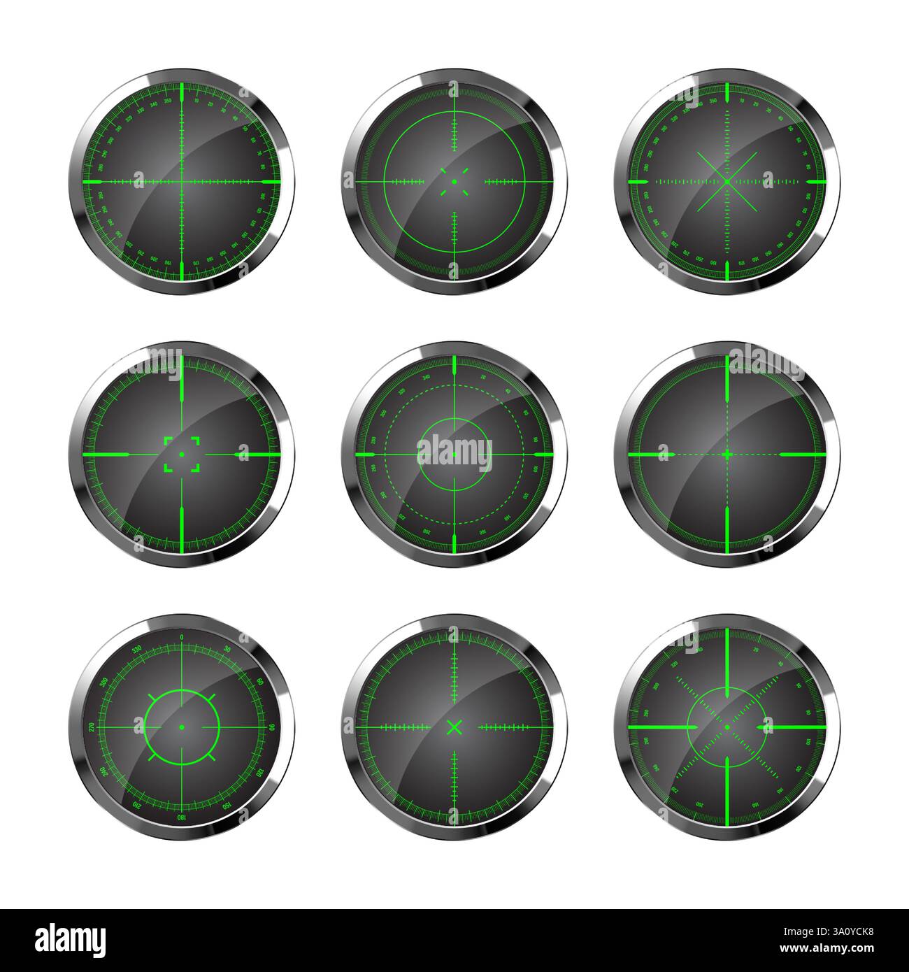 Chrome weapon night sights, sniper rifle optical scopes. Hunting gun viewfinder with crosshair ...