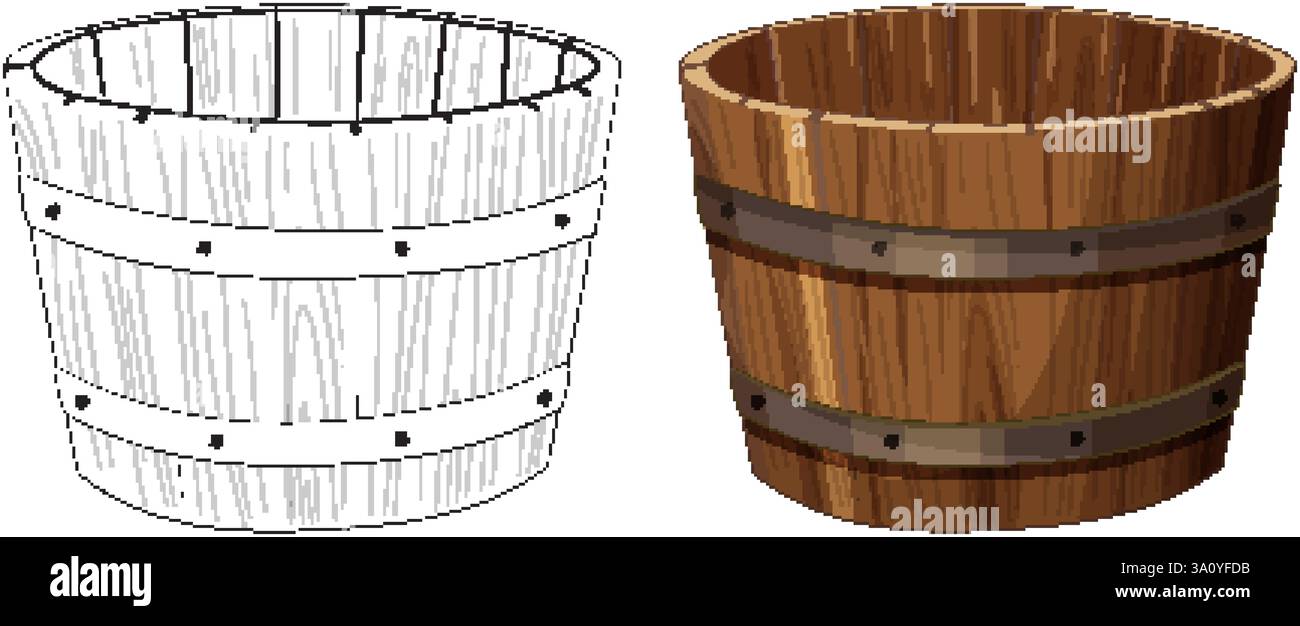 Detailed vector illustration of a wooden bucket, showcasing both ...
