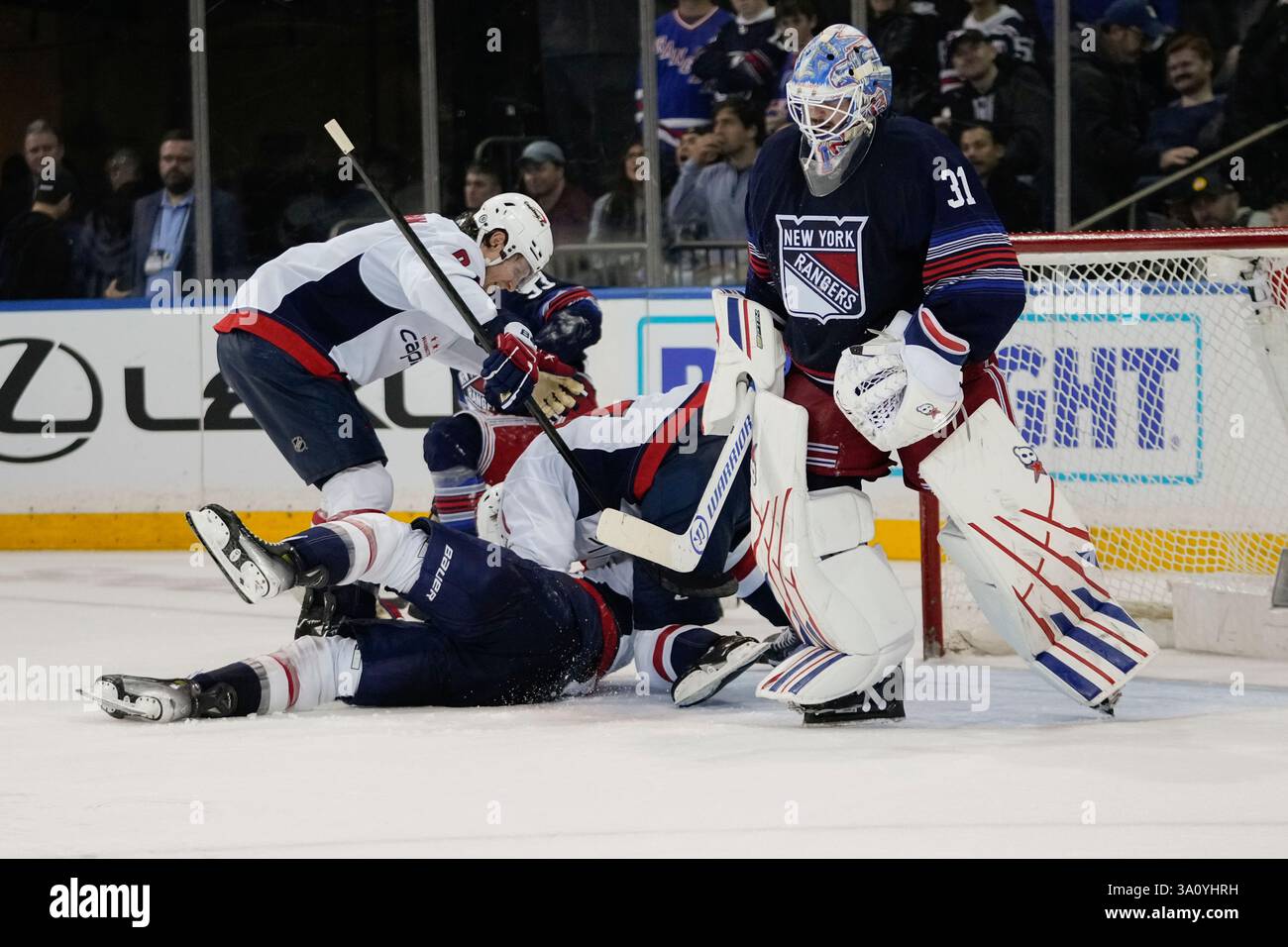 New York Rangers goaltender Igor Shesterkin (31) skates away as the ...