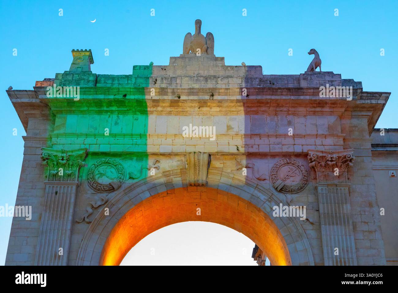 Royal Gate painted with light, Noto, Noto Valley, Sicily, Italy Stock ...