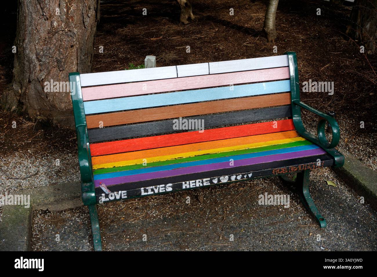 Park bench painted in rainbow Pride flag colors in the West End ...