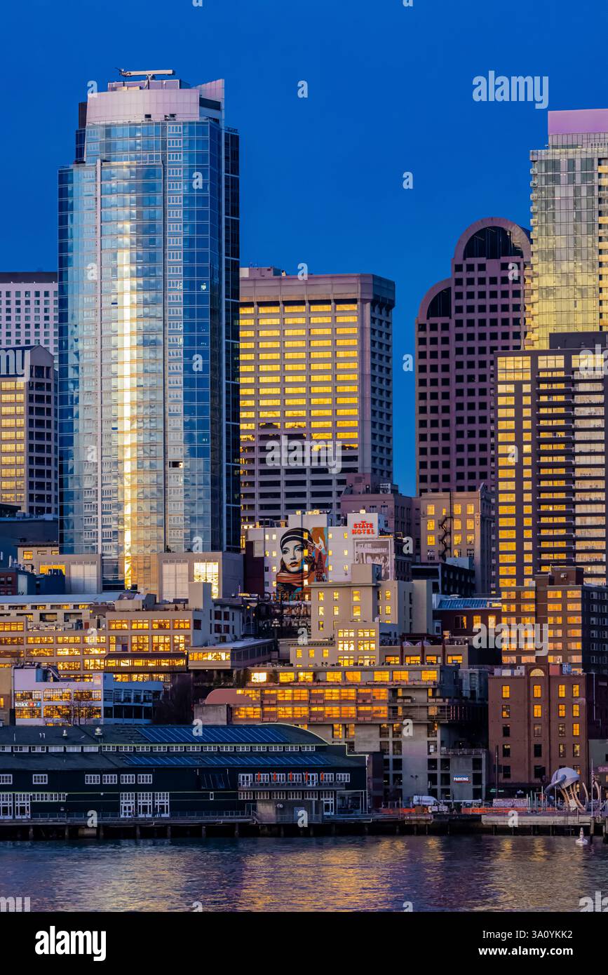 Skyline viewed near sunset from ferry leaving Colman Dock, Seattle ...