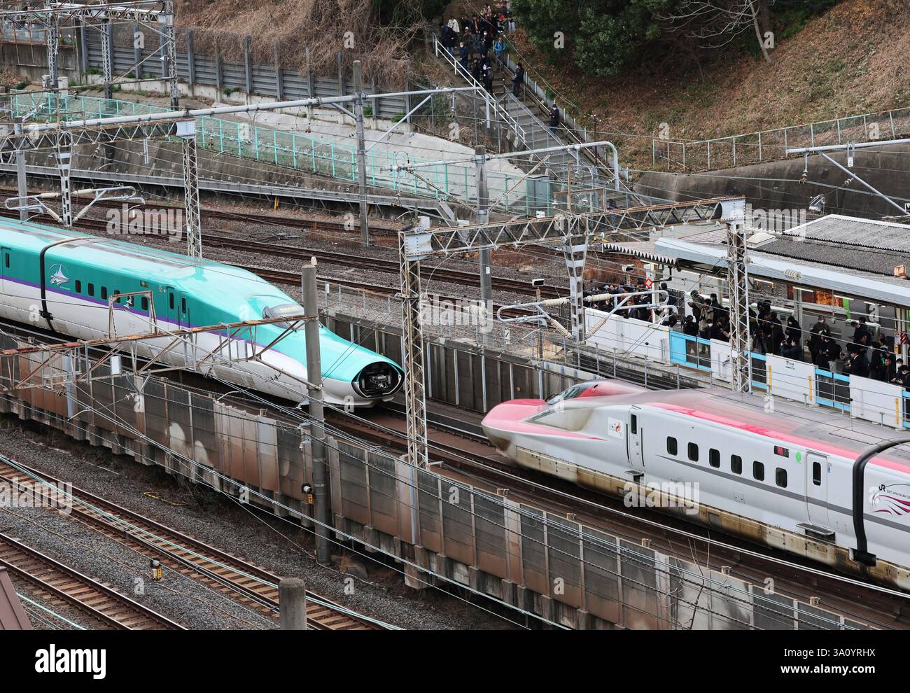 A photo shows the uncoupled Tohoku Shinkansen (bullet train) which its connecting part came off ...