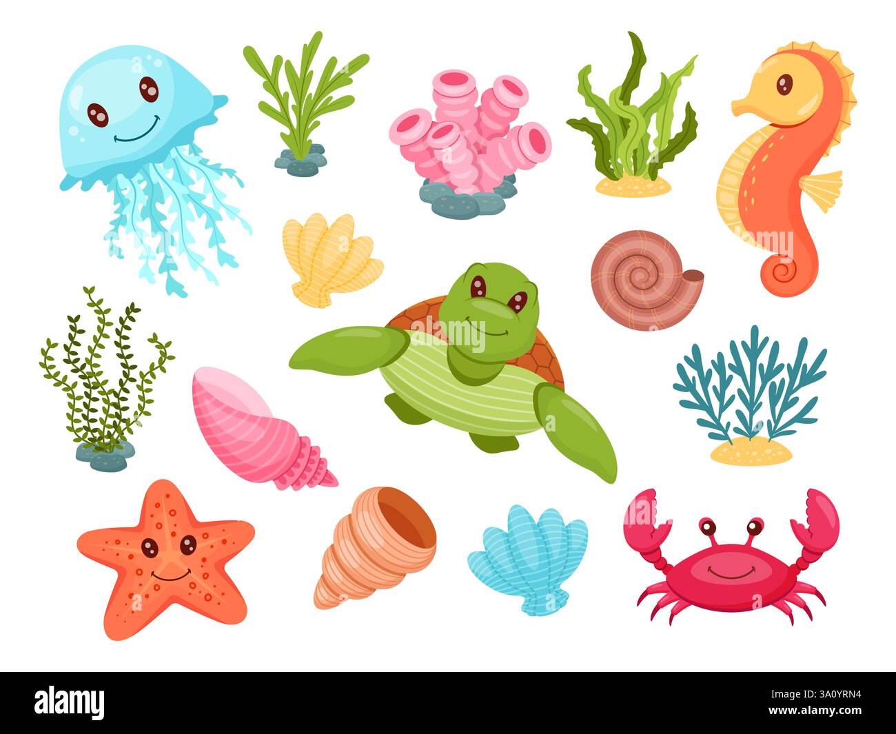 Cute cartoon sea life set. jellyfish, turtle, starfish, seahorse, crab ...