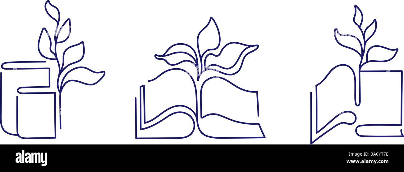 Open book with sprout plant, leaves. One continuous line icon. Doodle ...