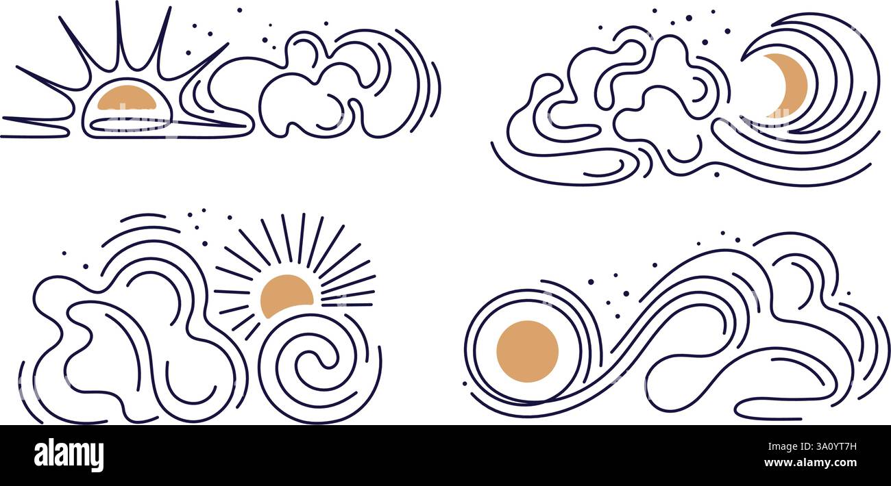Sun, moon, cloud line set. Stars on windy sky in minimal style. Graphic ...
