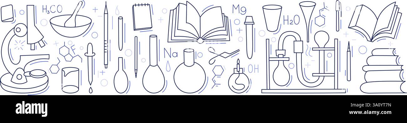 Chemistry collection. Line drawing of microscope and laboratory test ...