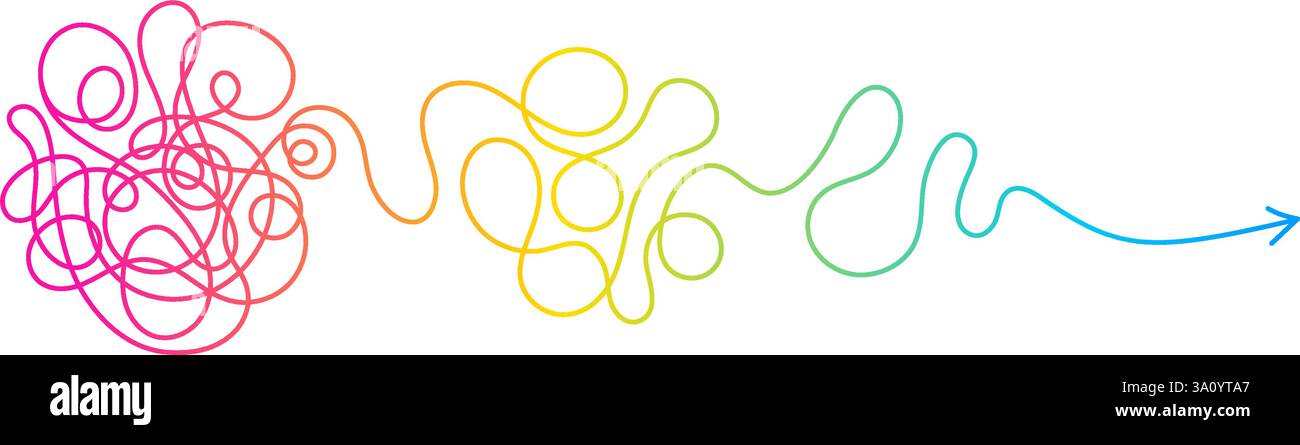 Unraveling tangled tangle. Complicated way. Process of problem ...