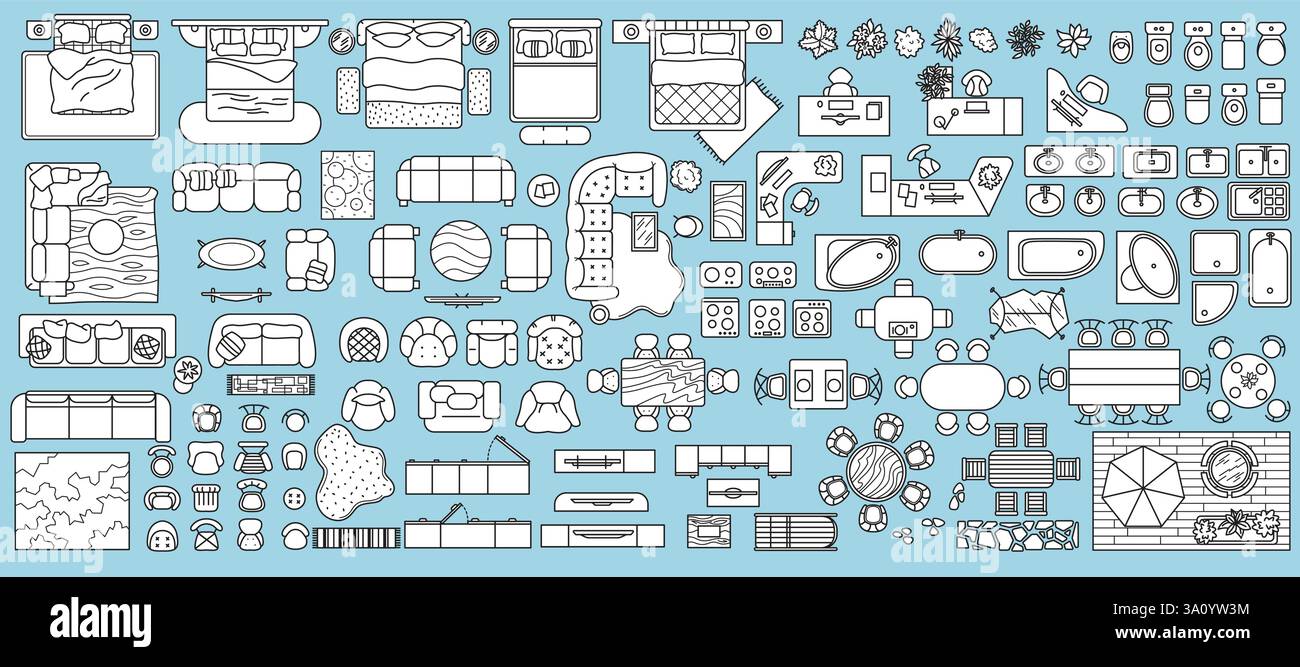 Vector illustration of furniture top view set including beds sofas ...