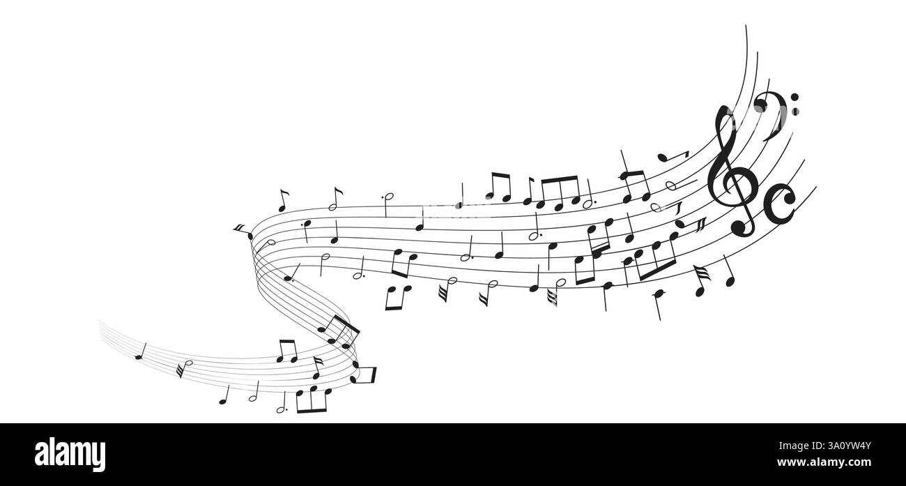 Black musical notes on a curving staff creating a dynamic wave pattern ...