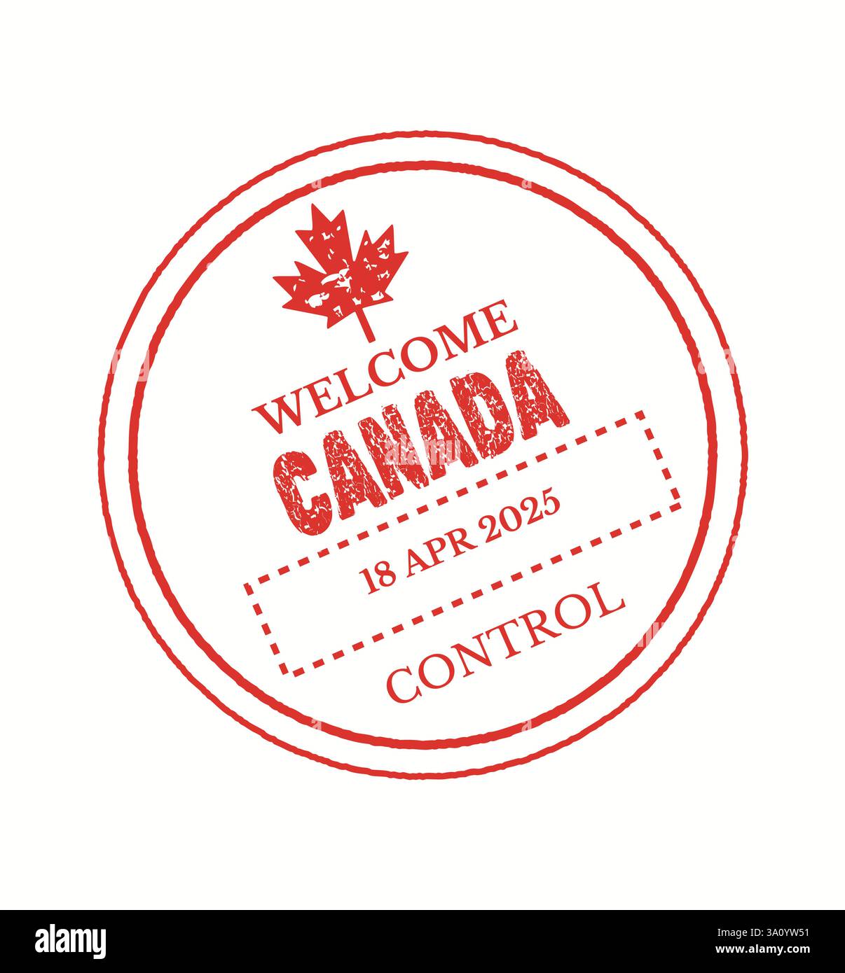 Illustration of a red passport stamp featuring Canadian maple leaf ...