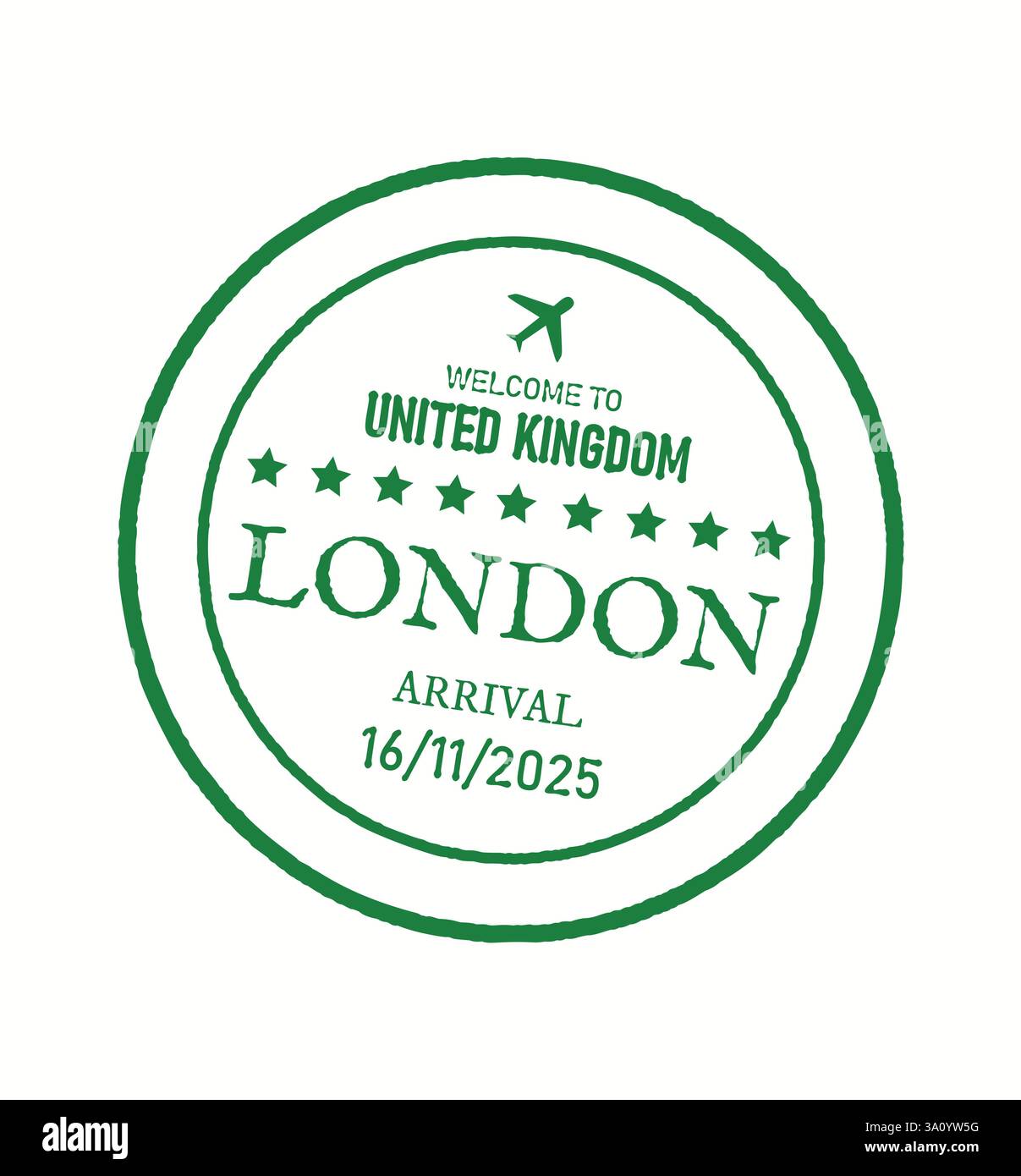 Green circular stamp design featuring London arrival date with airplane ...
