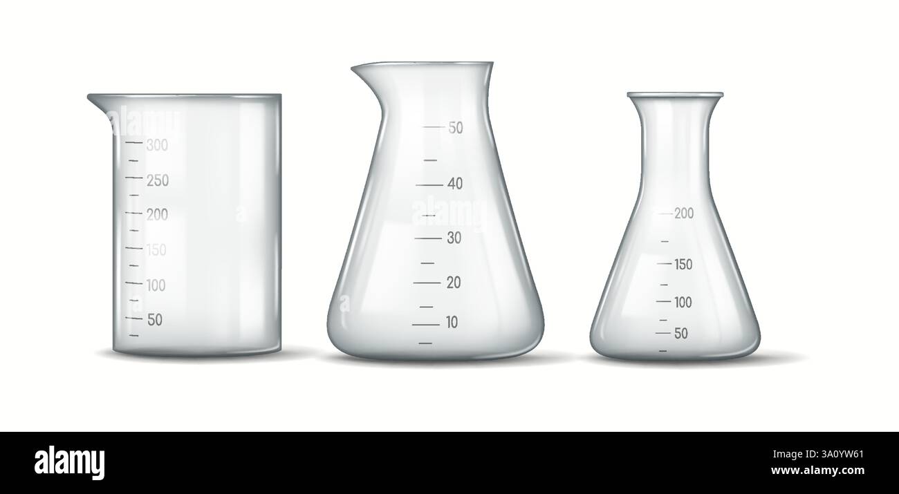 Illustration of three laboratory glassware containers including two flasks and a beaker with ...