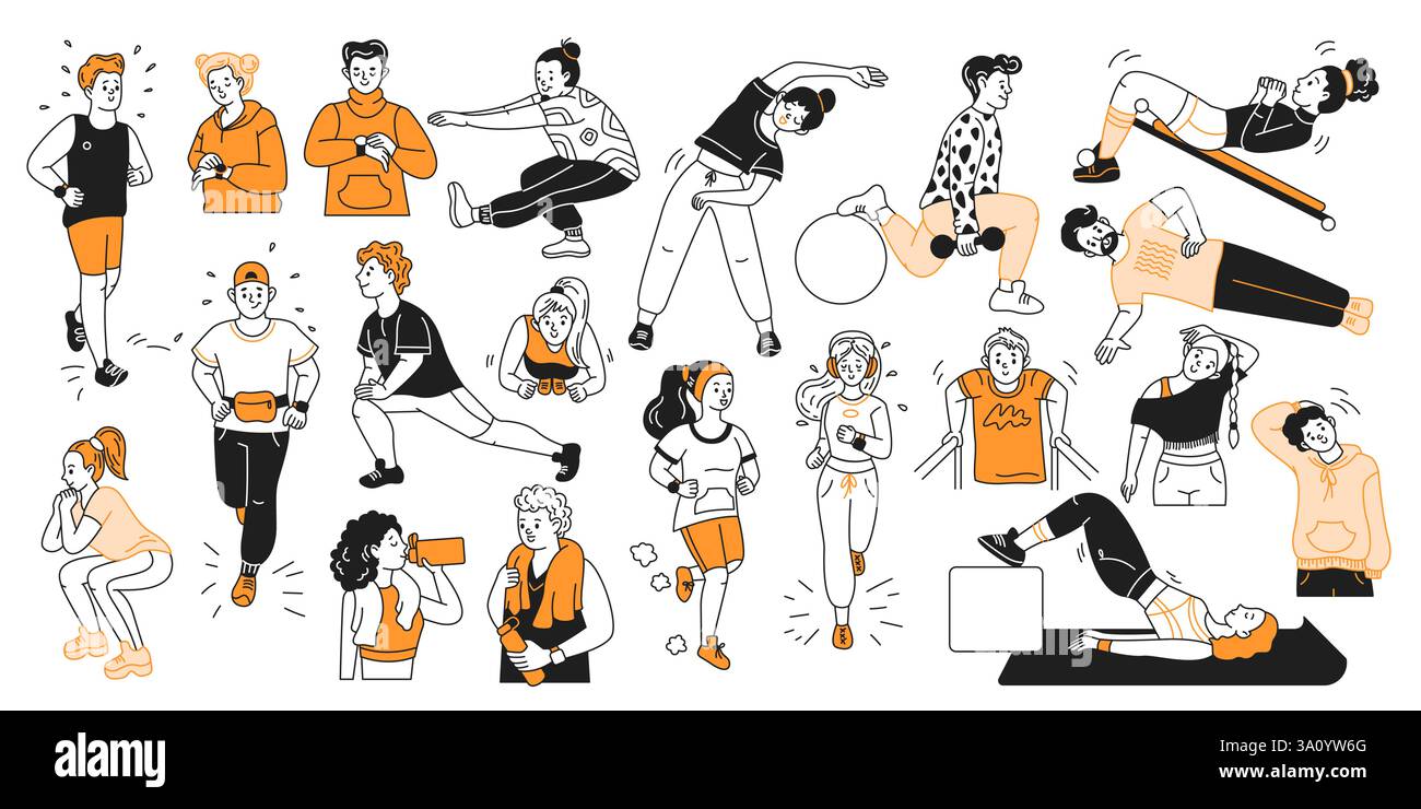 Athletes engaging in diverse physical activities color linear icons ...