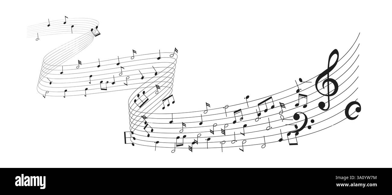 Illustration of flowing musical notes on curved staff lines. Diverse ...