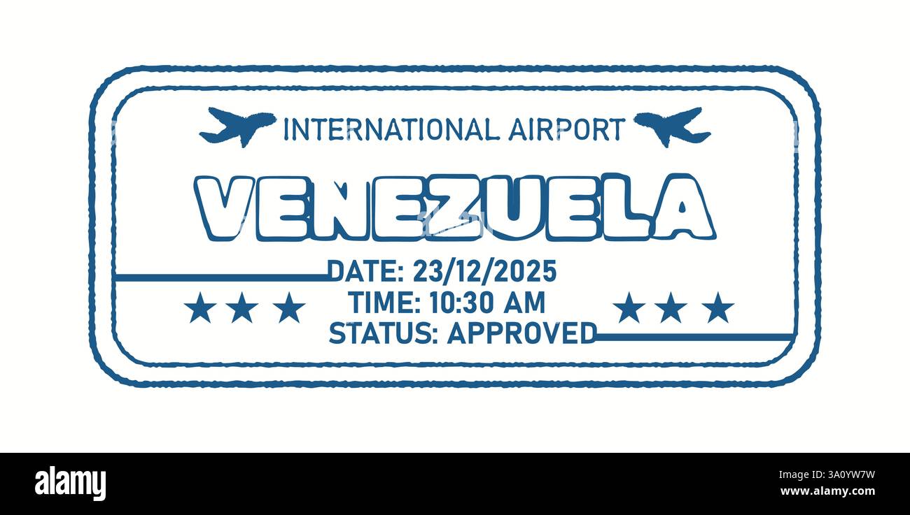 Blue international airport stamp for Venezuela with flight details and ...