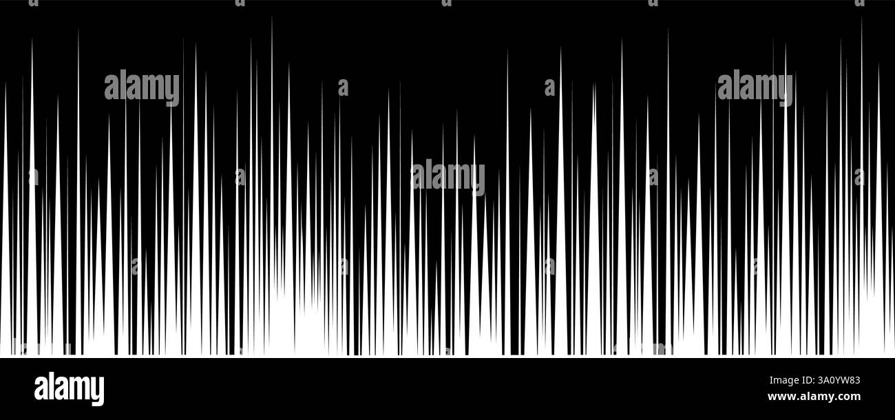 An abstract monochrome pattern resembling a soundwave. The design features tall, irregular ...