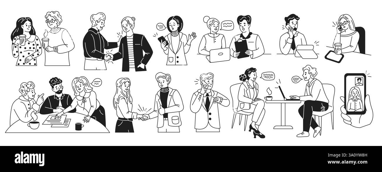 Business people engaging in activities linear icons collection. Showing ...