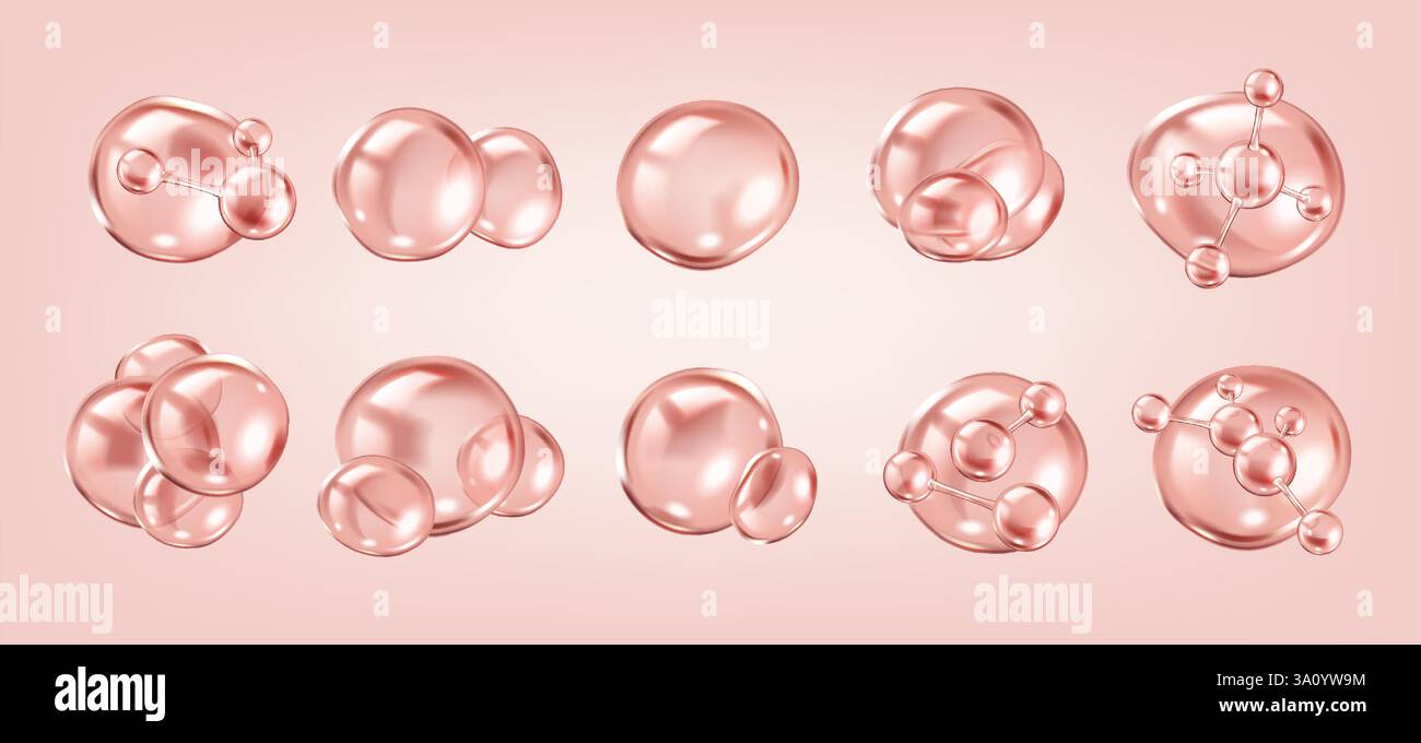 Collagen molecules inside pink bubbles realistic color icons set ...