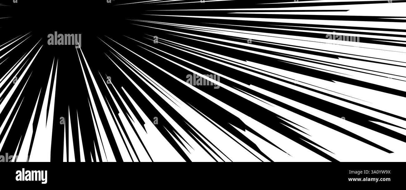 Black radial lines emanating from a central point on a white background create a dynamic ...