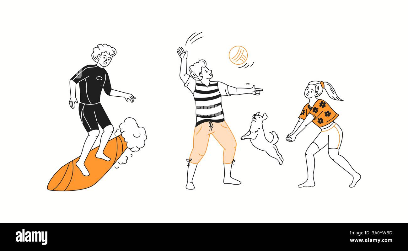 A collection of joyful summer scenes featuring people swimming, playing ...