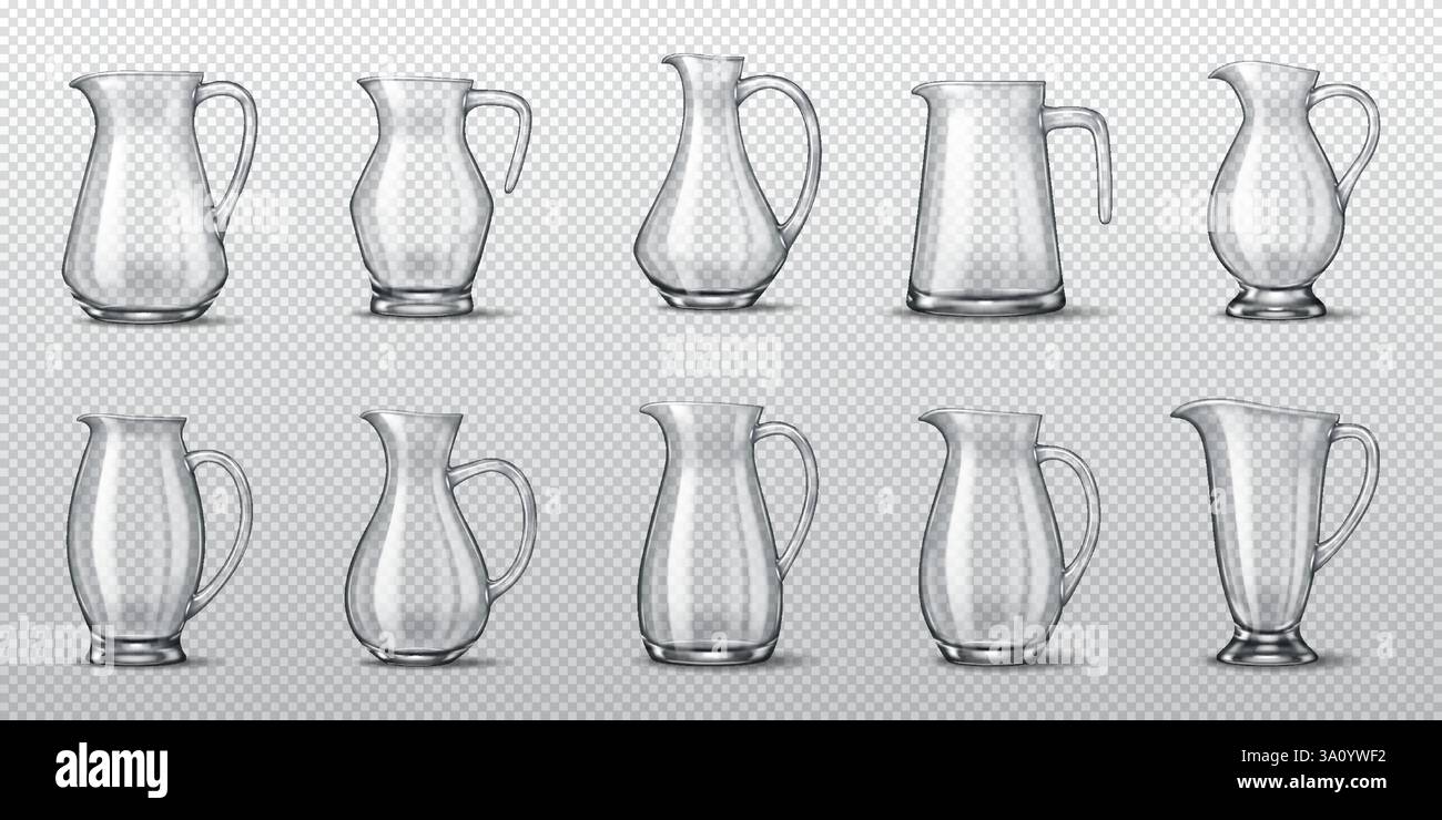 Collection of ten transparent glass jugs with different shapes and ...
