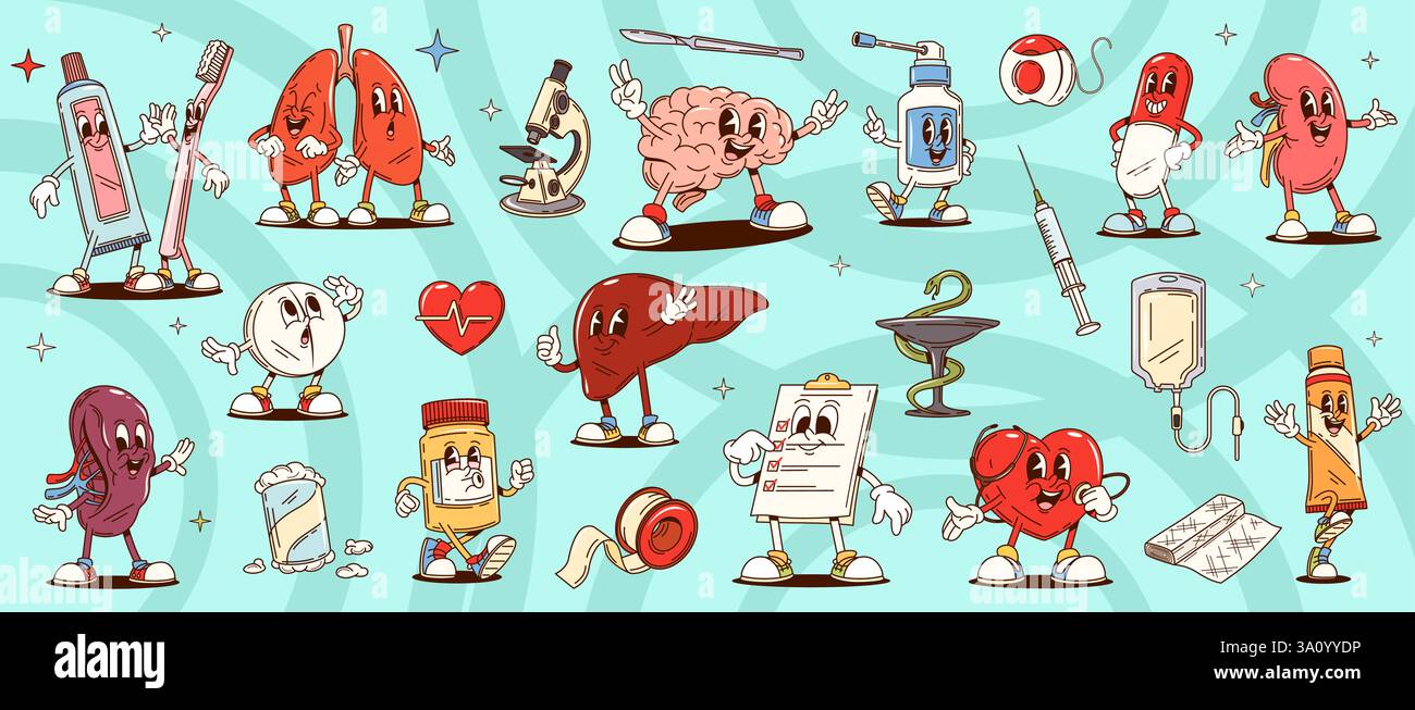 Cartoon groovy medicine and human organ characters. Retro cute ...