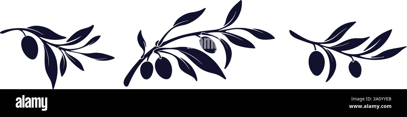 Olive branch set, shape of fruit. Greek oil product, farm harvest. Graphic art image, simple ...