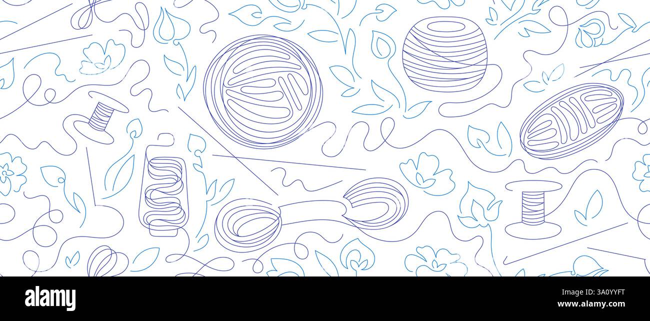 Linen plant. Balls of thread. Knitting print. Vector continuous line ...