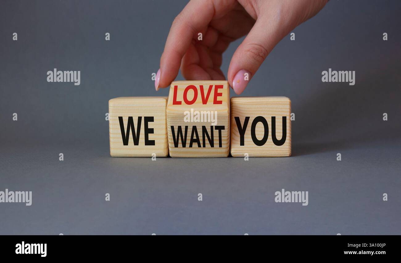 We love and want You symbol. Businessman Hand turns cubes and changes ...