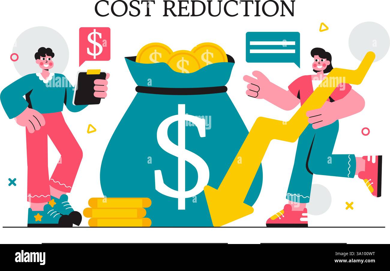Cost Reduction Vector Illustration featuring Decreasing Expenses, Price ...