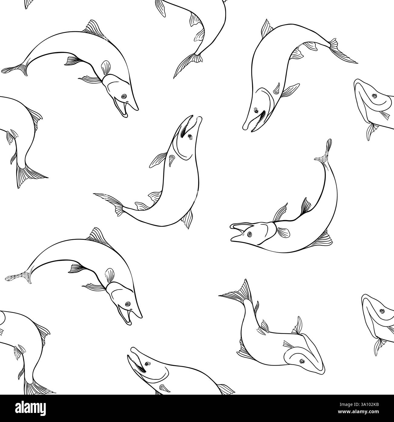 Trout black white vector seamless pattern. Salmon monochrome sketch ...
