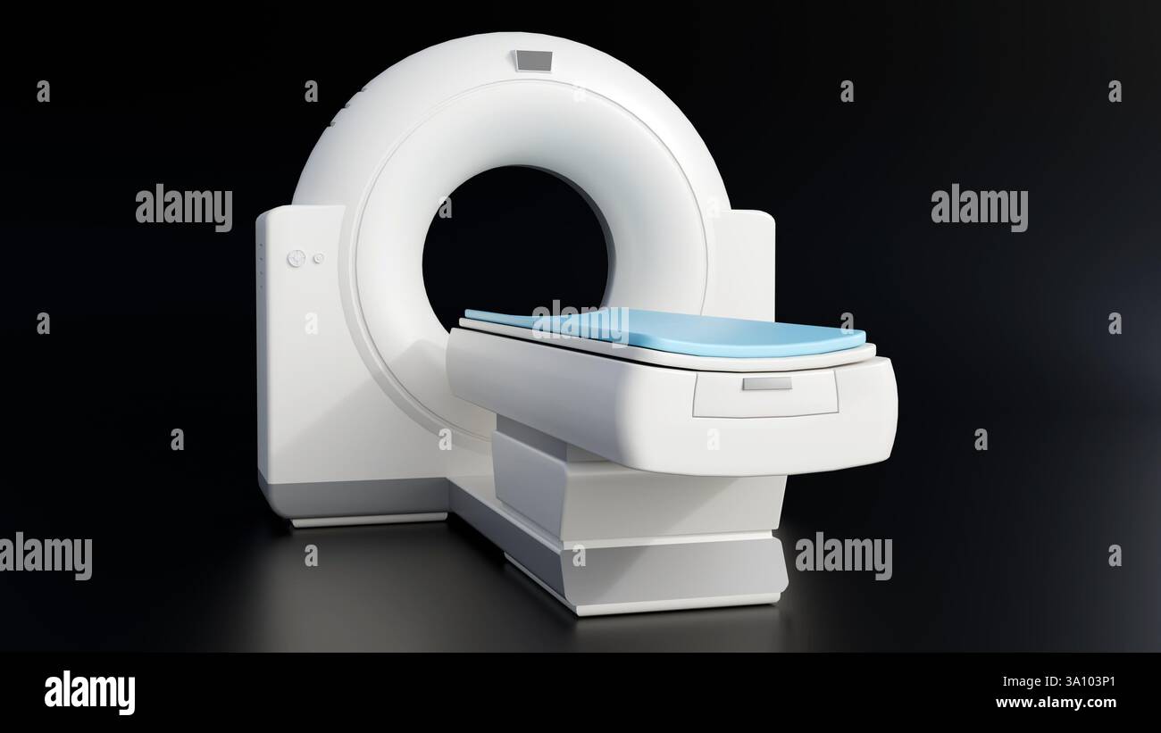 A 3D rendering of a modern CT or Computed Tomography scanner. The ...