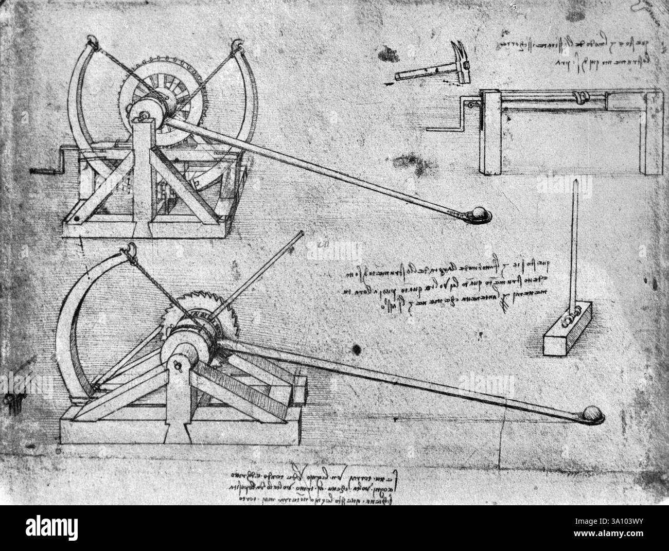 Catapult drawing by Leonardo da Vinci, Codex Atlanticus, Italy 15th ...