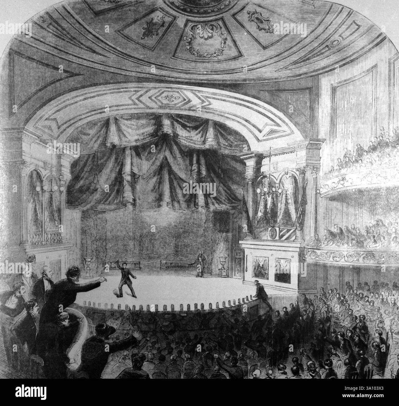 John Wilkes Booth after he jumped to the stage, sketch drawn by Albert ...