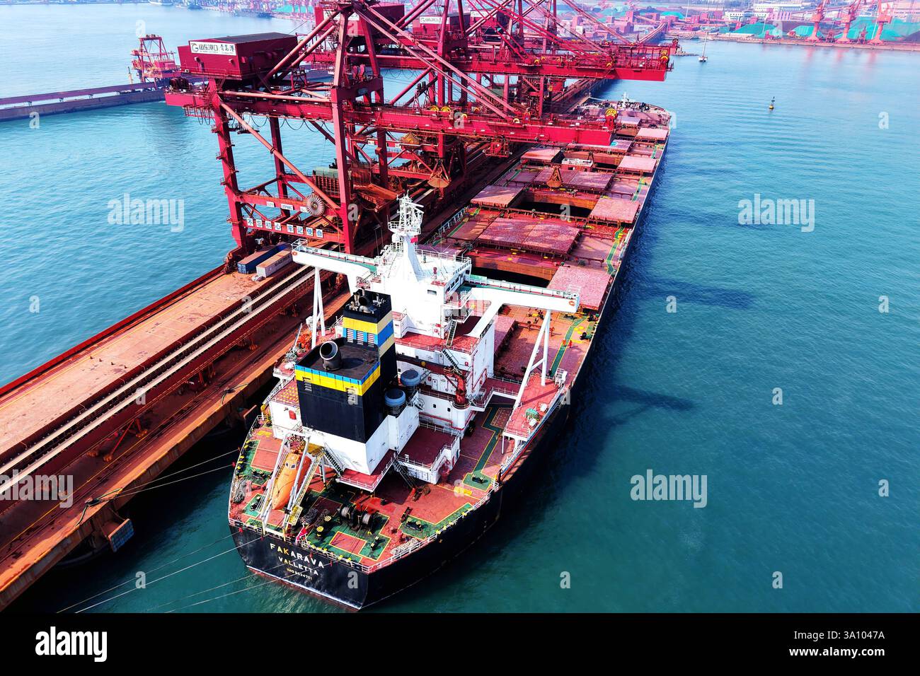 QINGDAO, CHINA - MARCH 6, 2025 - A cargo ship offloads imported iron ...