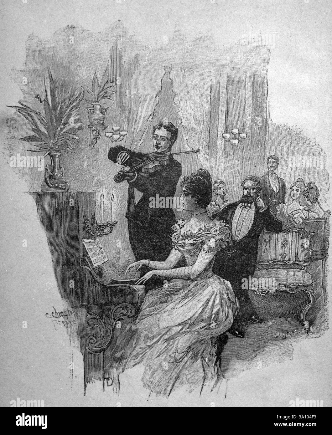 Woman playing piano and man playing violin, illustration 1700s Stock ...