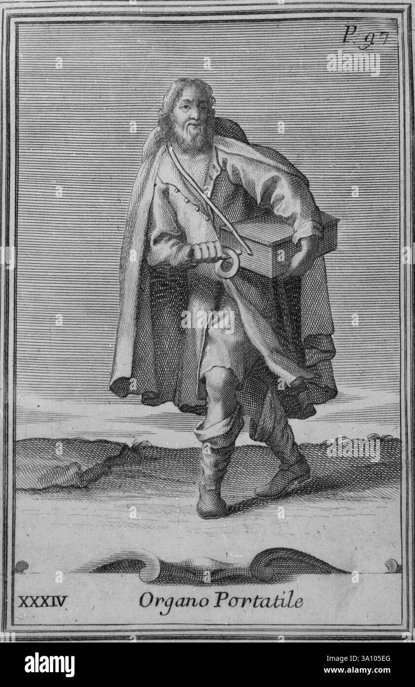 Portative organ, illustration by Filippo Bonanni, Italy 1700s Stock ...