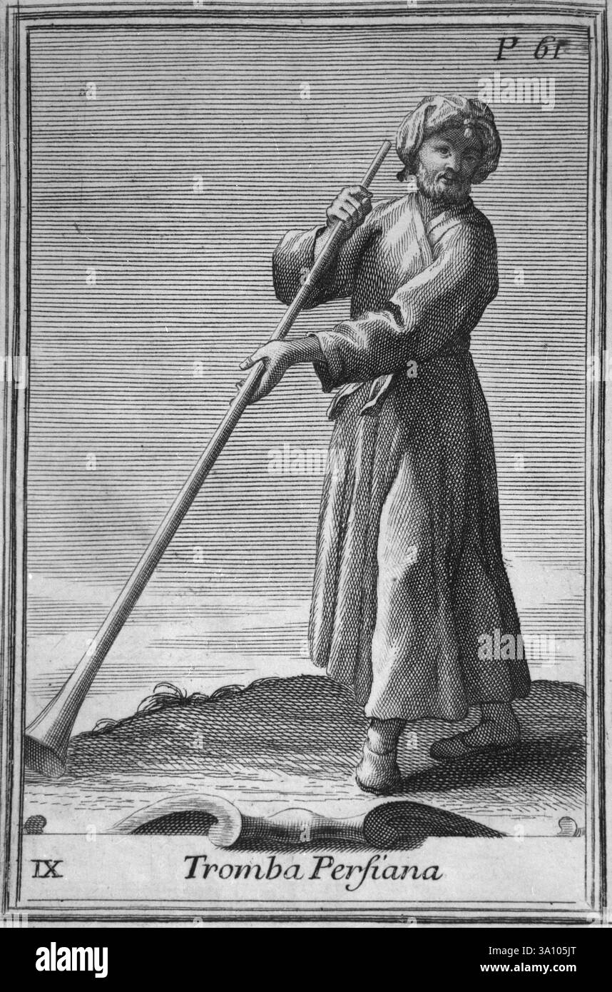 Persian trumpet, illustration by Filippo Bonanni, Italy 1700s Stock ...