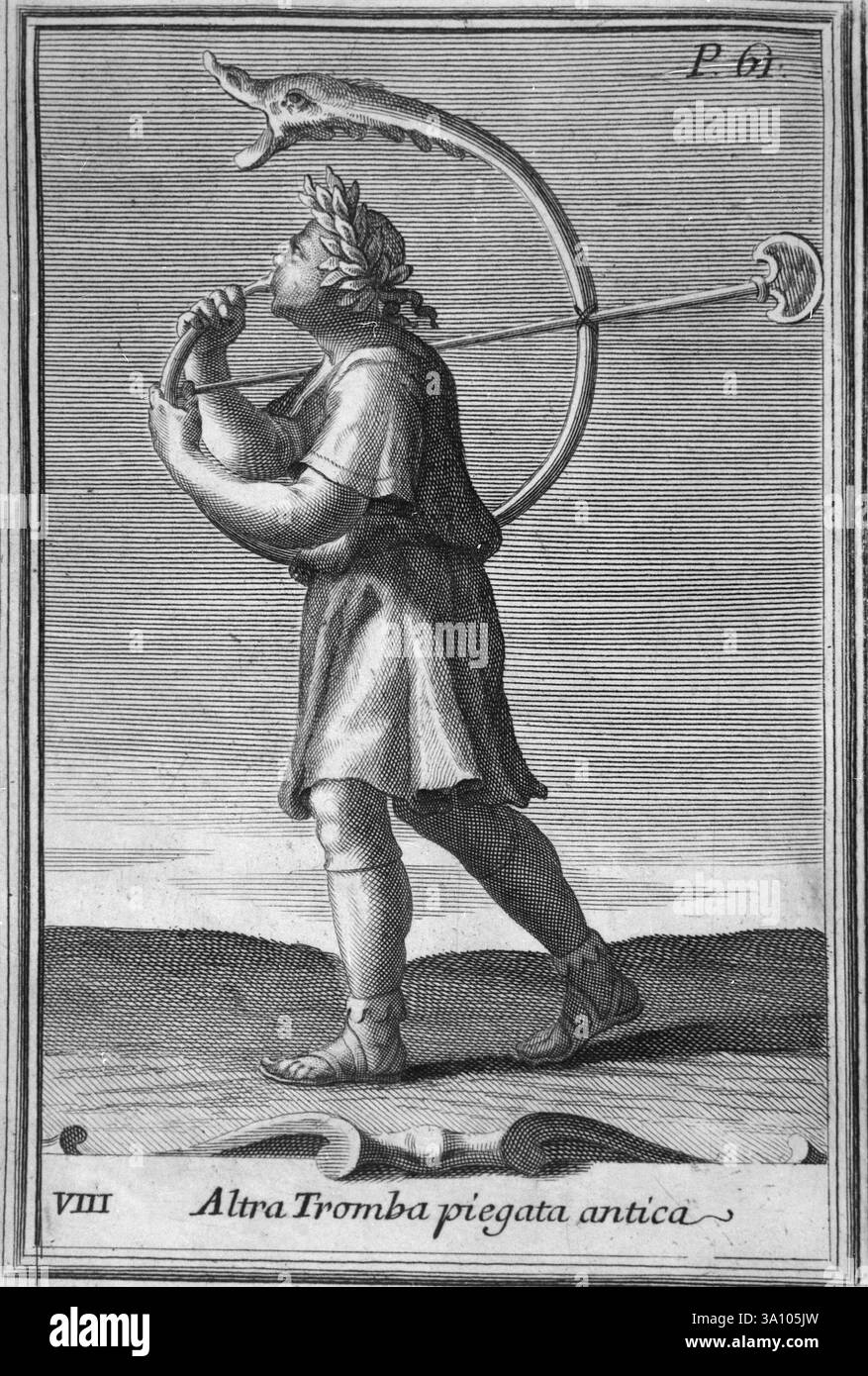 Ancient bended trumpet, illustration by Filippo Bonanni, Italy 1700s ...